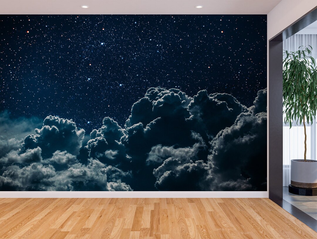 Night Sky Star Wall Art Wallpaper Clouds & Stars Wall Mural Starry Blue ...