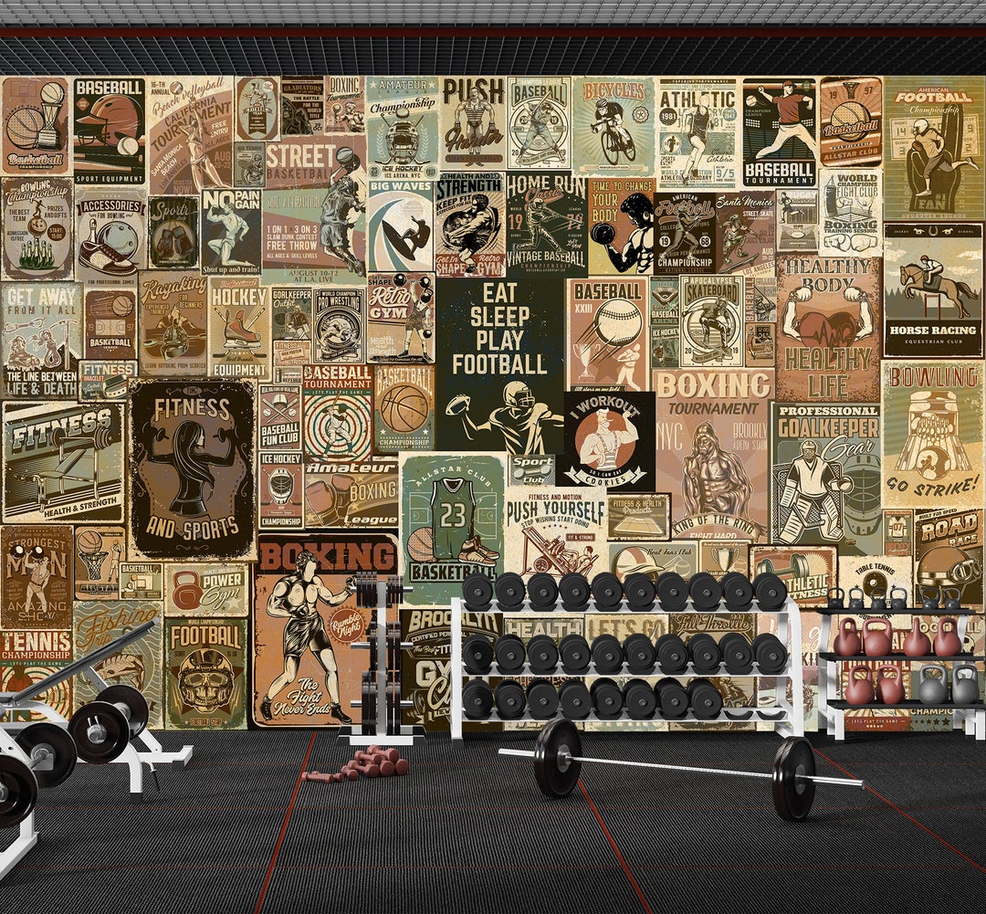Sport Motivation Poster Gym Wallpaper Vintage Wall Mural & Retro ...