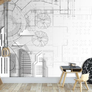 Architecture Wallpaper Patent Peel and Stick & Art Wall Mural Drawings ...