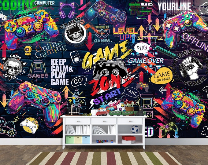 Games Neon Wallpaper Wall Mural Video Gamer Playroom Teen Kids Gaming ...