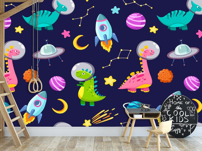 Space Dinosaurs Wallpaper Kids Planets Rocket and UFO Wall - Etsy