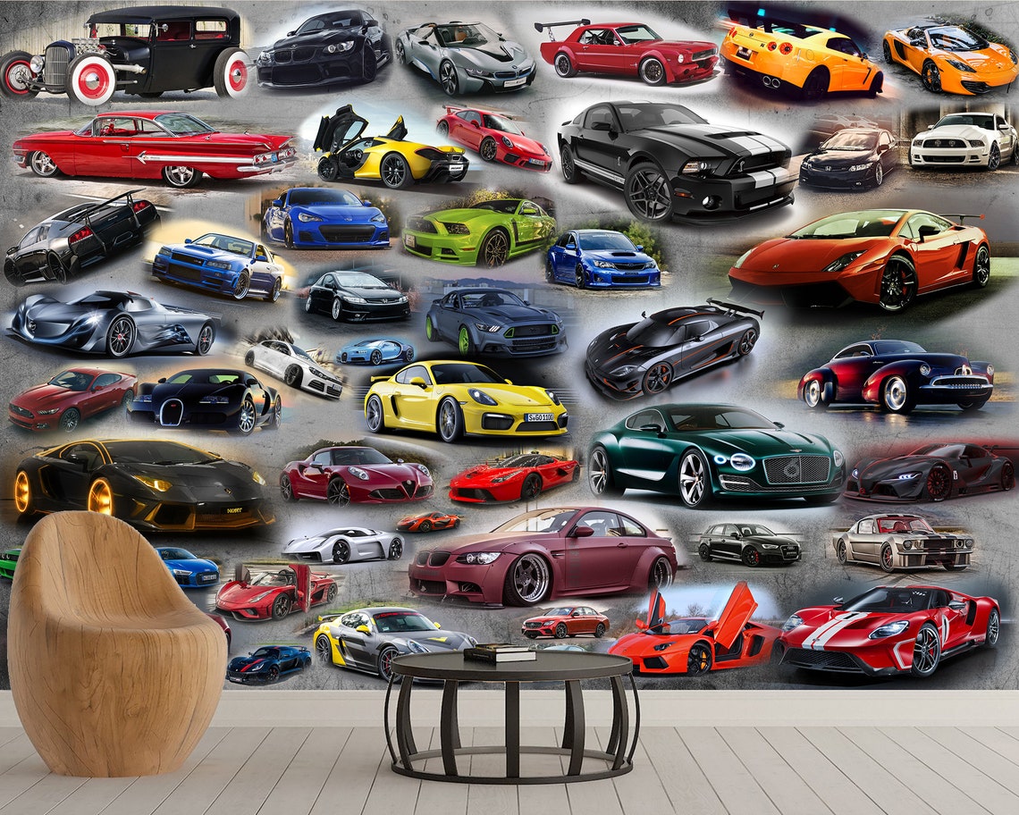 Mural Cars Collage Peel and Stick Wallpaper Sport & Cars Wall Art Super ...