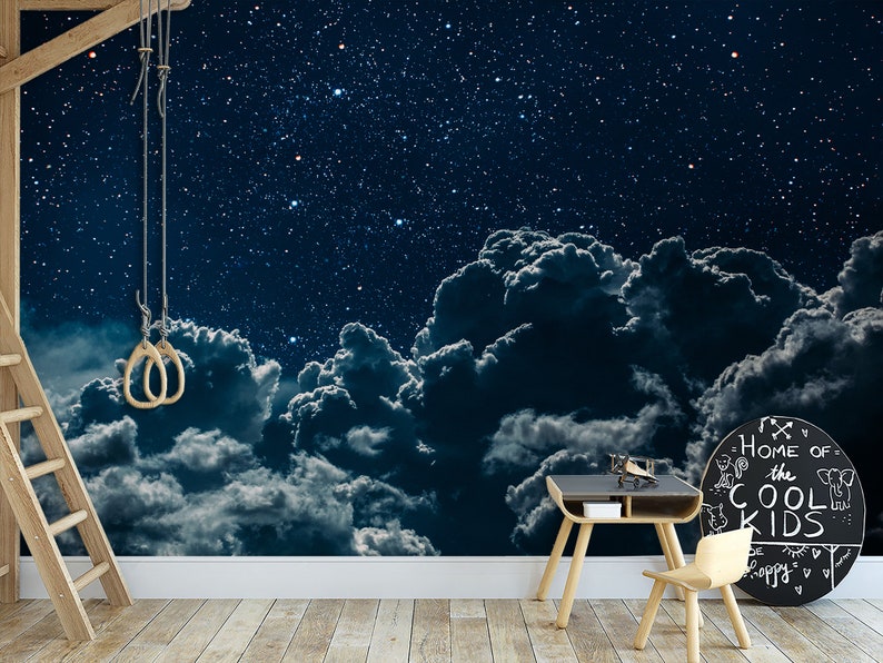 Night Sky Star Wall Art Wallpaper Clouds & Stars Wall Mural Starry Blue ...