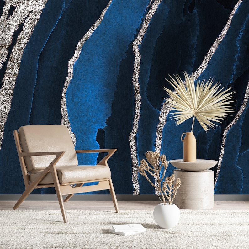 Blue Marble Wallpaper Navy Blue Marble Modern & Wall Mural - Etsy