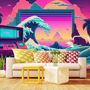 Kanagawa Neon & Vaporwave Wall Art Mural Retro 80's the Great Wave off ...