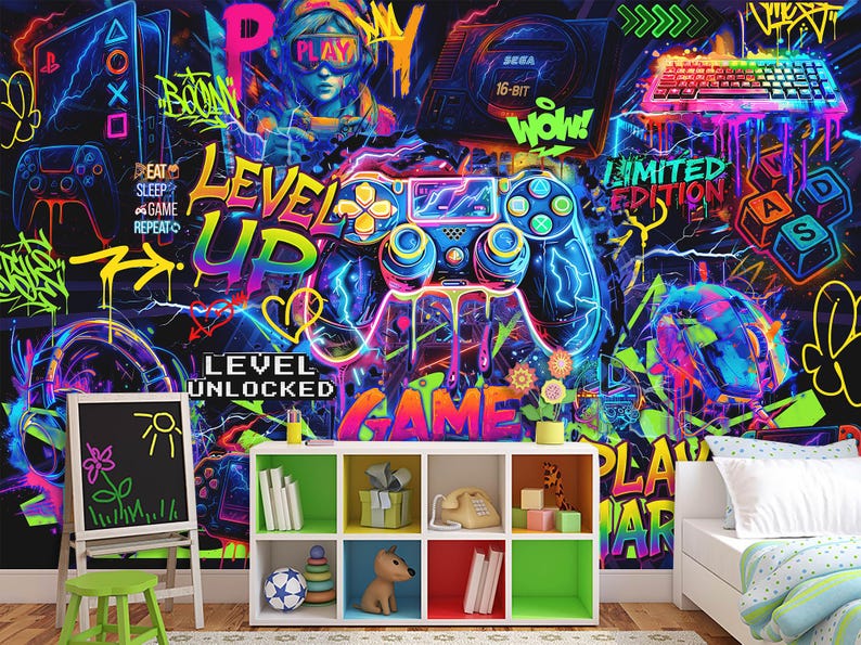 Gamer Wallpaper & Wall Mural for Teenage Neon Kids Wall Mural Gamepad ...