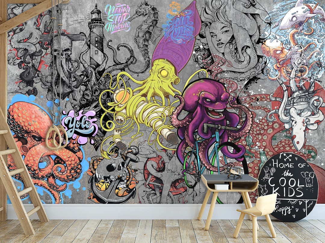 Octopus Graffiti Wallpaper & Squid Sea Monster Street Art Urban Original Collag Peel and Stick ...