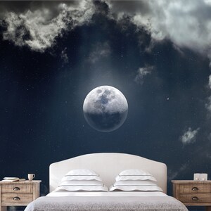 Dark Moon Wallpaper & Wall Mural Cloudy Moon Decor Landscape Dark Night ...