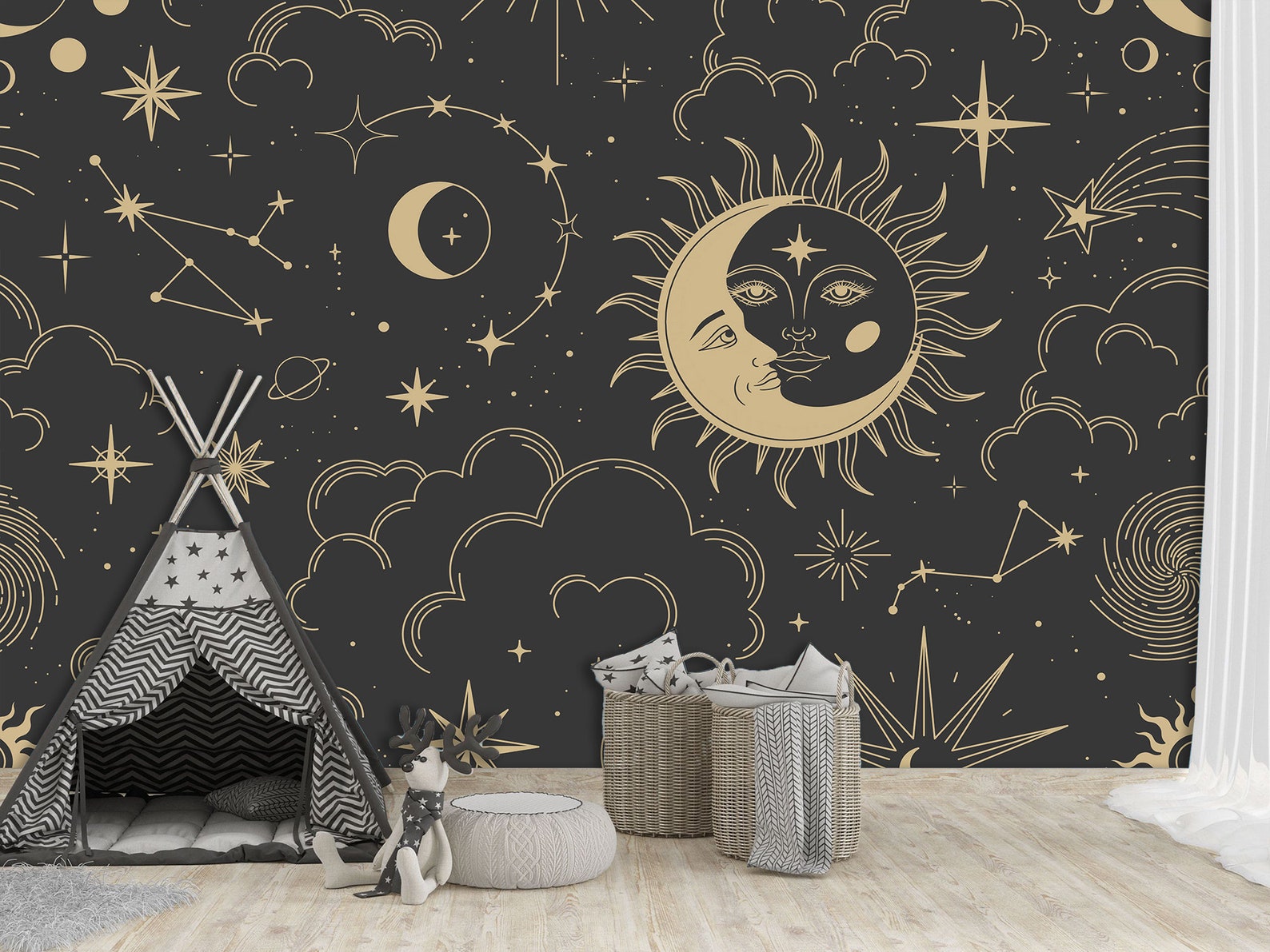 Black & Gold Star Moon Chart Wallpaper Astrology Zodiac Wall - Etsy