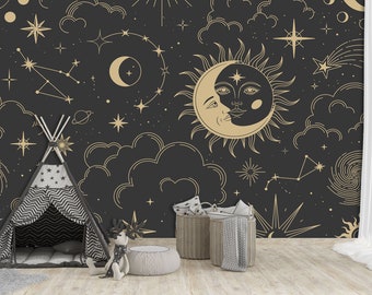 Occult Pattern Wallpaper Celestial Wall Mural Moon and Stars Design - Etsy