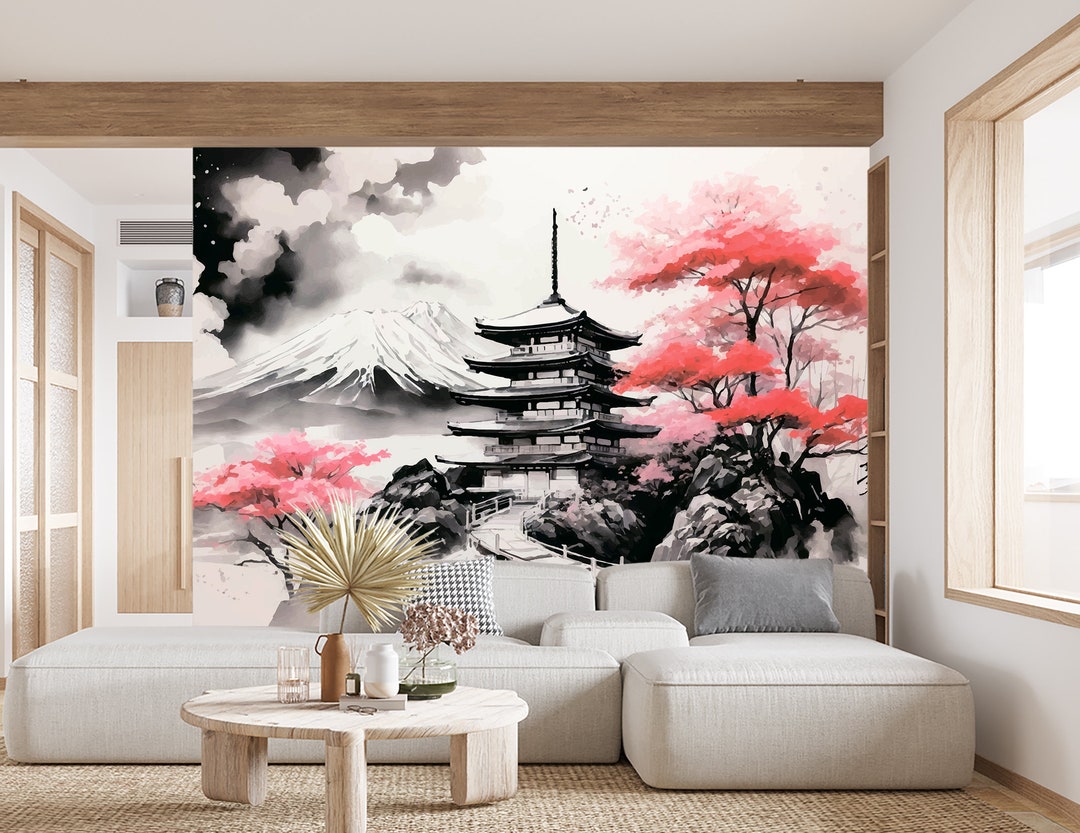 Japanese Style Watercolor Wallpaper Nature Wall Mural & Mount and Japan ...