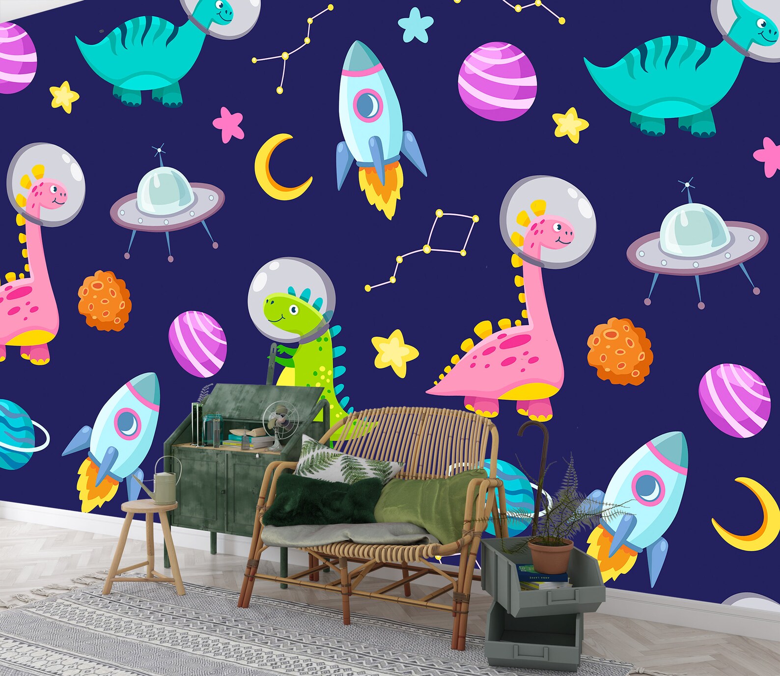 Space Dinosaurs Wallpaper Kids Planets Rocket and UFO Wall - Etsy