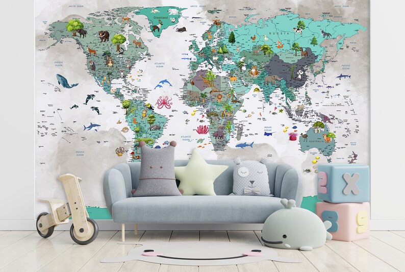 Educational World Map Wallpaper & Mural Peel and Stick Map Animals Kids ...