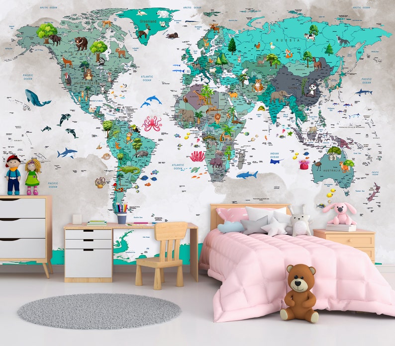 Educational World Map Wallpaper & Mural Peel and Stick Map - Etsy