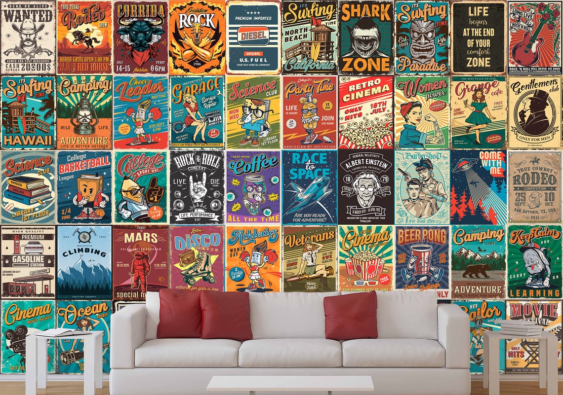 Pop Art Vintage Mural Retro Wallpaper Vintage Collage Wall - Etsy