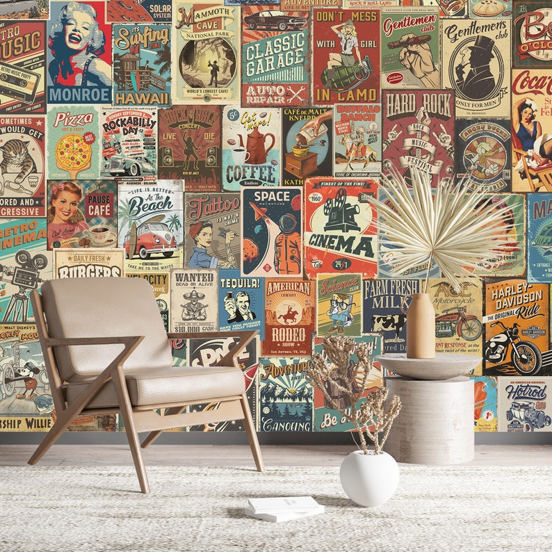 Retro Pop Art Wallpaper Vintage Posters Collage Wall Mural Peel and ...