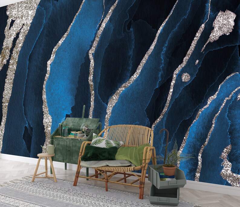 Blue Marble Wallpaper Navy Blue Marble Modern & Wall Mural - Etsy