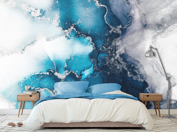 Blue Marble Wallpaper Watercolor Mural Print Wall Decor Modern - Etsy