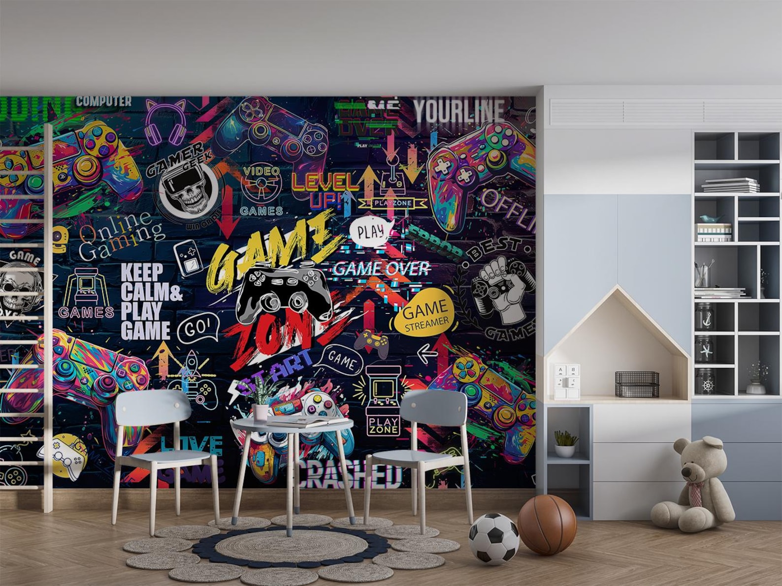 Games Neon Wallpaper Wall Mural Video Gamer Playroom Wallpaper Teen ...