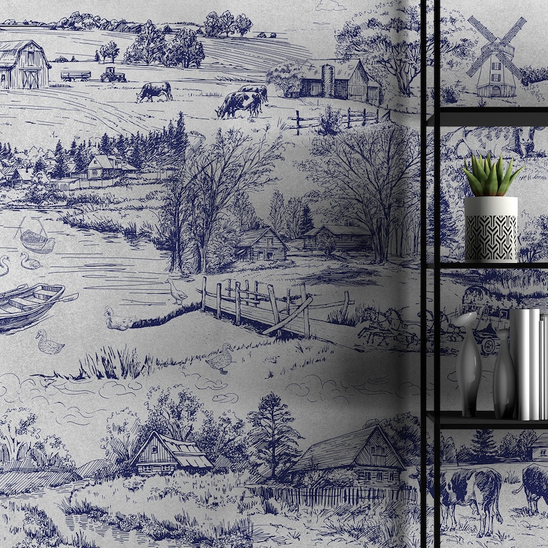 Blue Toile Wallpaper - Etsy