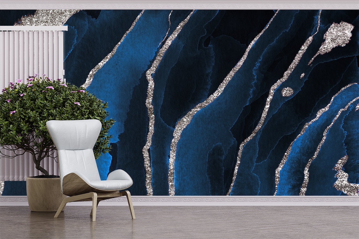 Blue Marble Wallpaper Navy Blue Marble Modern & Wall Mural - Etsy