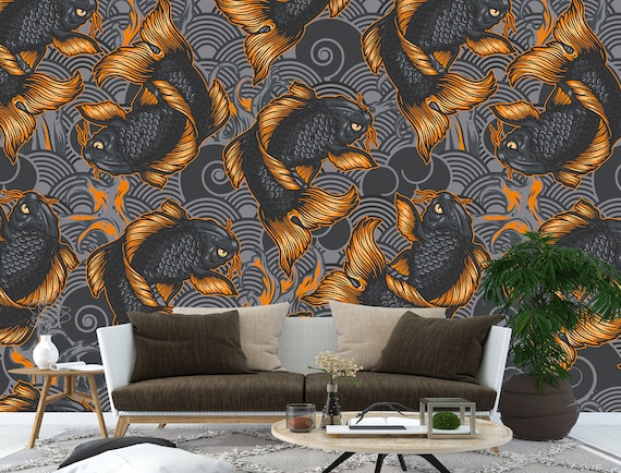 Fish Dark Wall Mural Artistic Japanese Koi Fish Wallpaper - Etsy