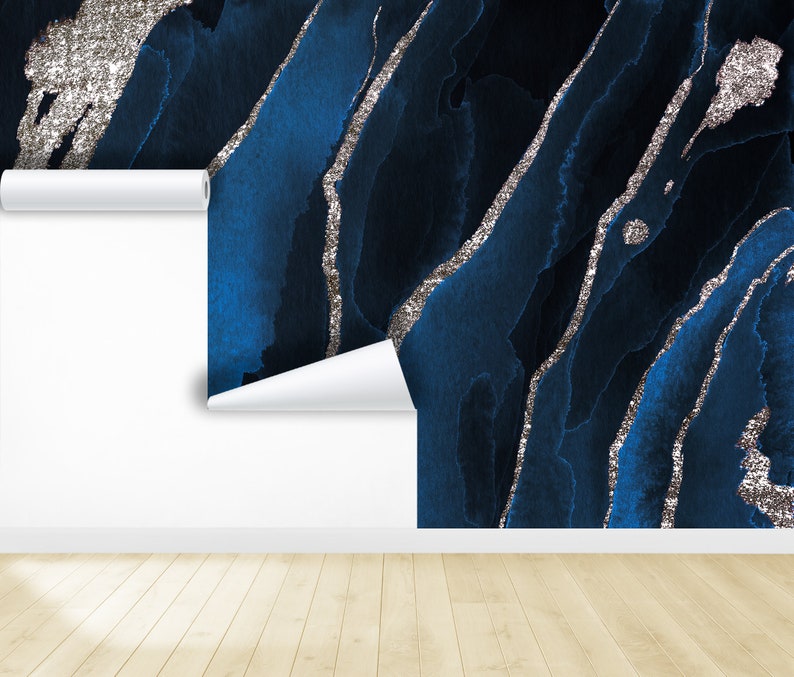Blue Marble Wallpaper Navy Blue Marble Modern & Wall Mural - Etsy