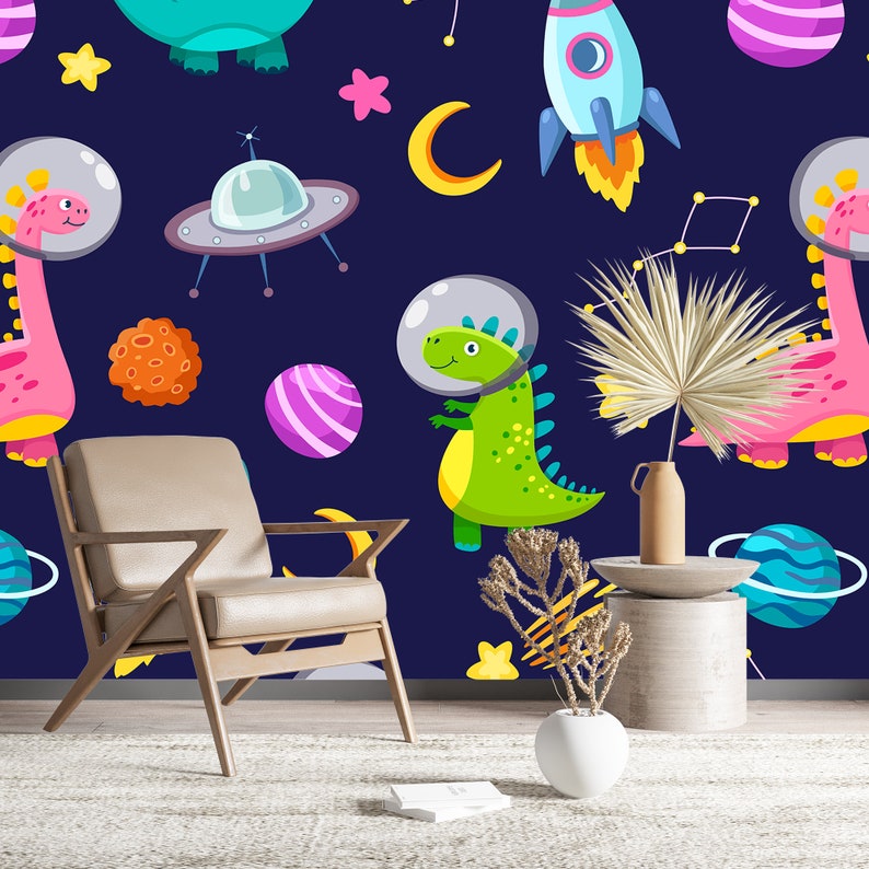 Space Dinosaurs Wallpaper Kids Planets Rocket and UFO Wall - Etsy