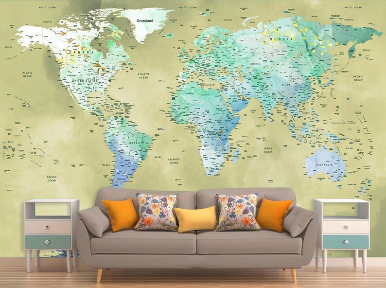 Wall Decals & Murals Mural Watercolor Wallpaper World map Large scale ...