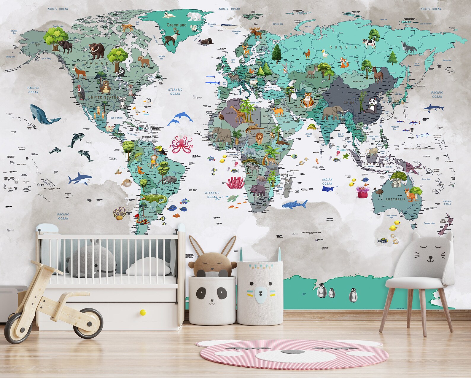 Educational World Map Wallpaper & Mural Peel and Stick Map Animals Kids ...