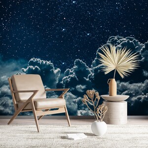 Night Sky Star Wall Art Wallpaper Clouds & Stars Wall Mural Starry Blue ...