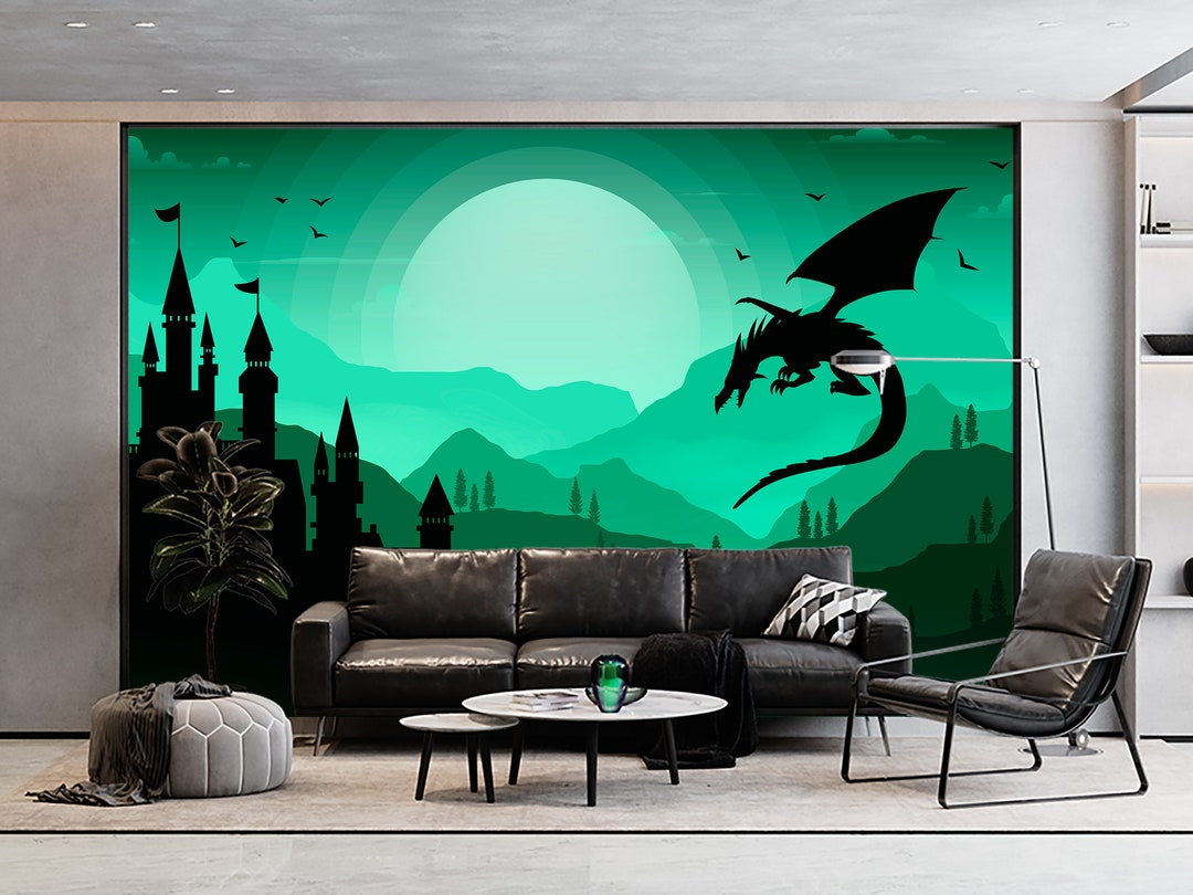 Fantasy Castle & Dragon Wallpaper Wall Mural Print Kids Wizards Magical ...