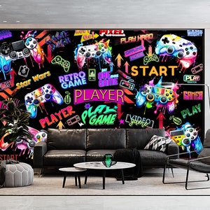 Games Room Decor Wallpaper Wall Mural Video Gamer Playroom Teen Kids ...