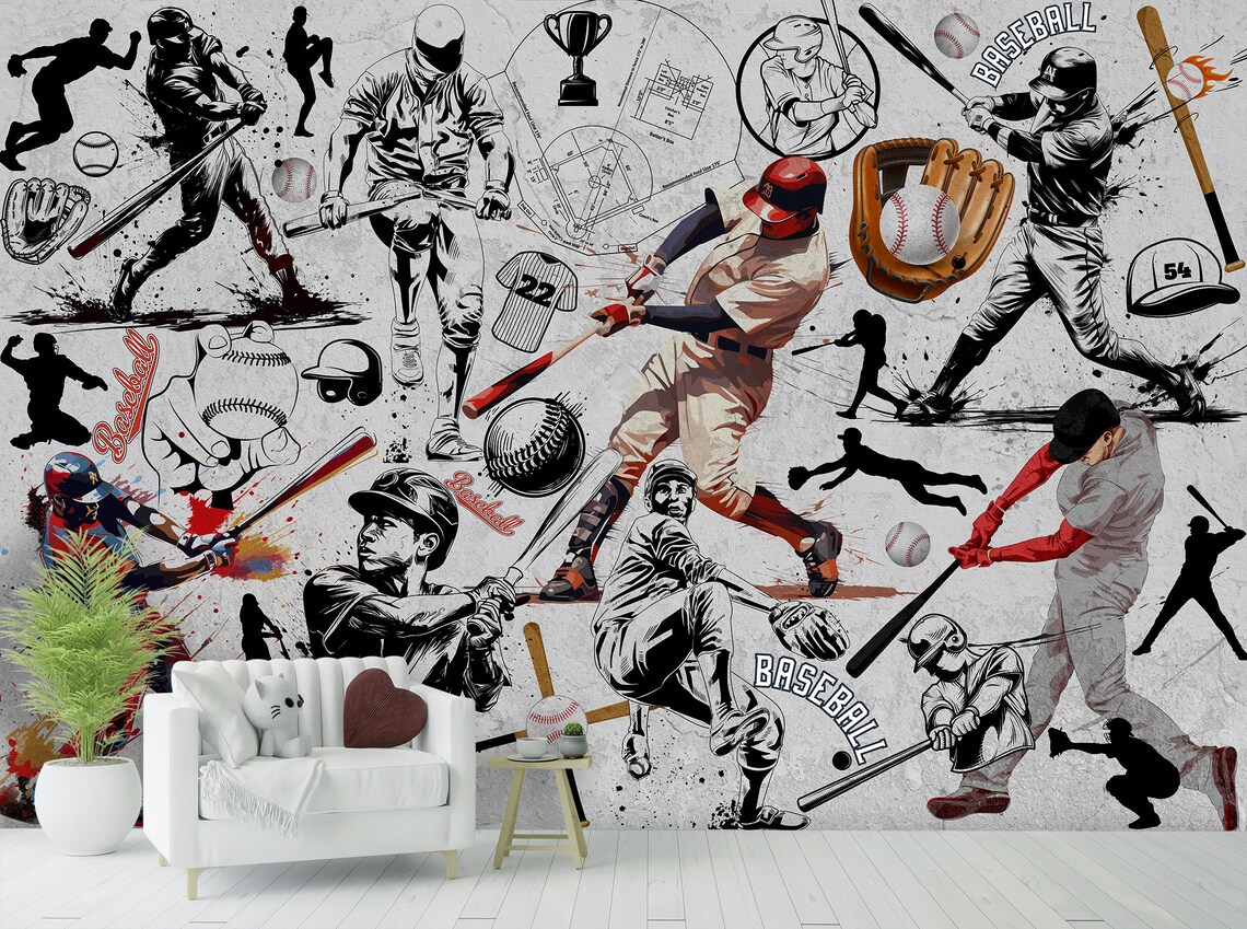 Graffiti Baseball Wallpaper & Sport Wall Mural Gym Decor Urban Street ...