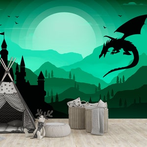 Fantasy Castle & Dragon Wallpaper Wall Mural Print Kids Wizards Magical ...