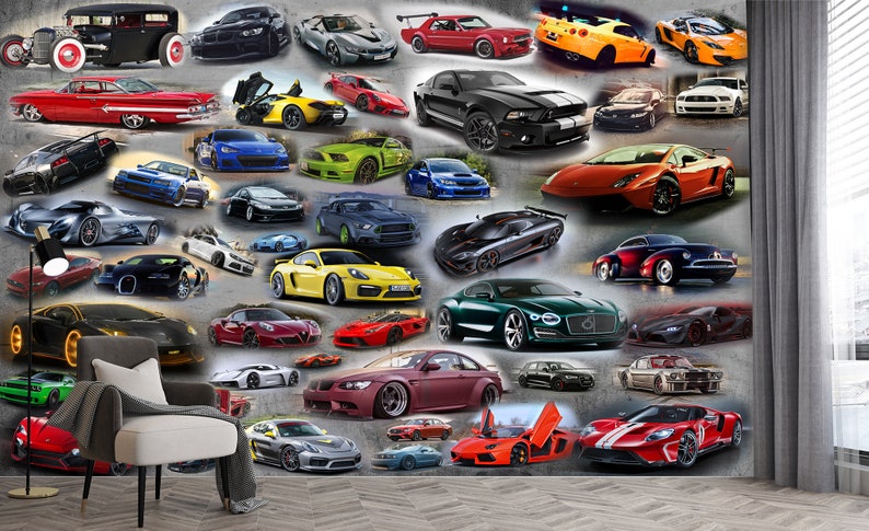 Mural Cars Collage Peel and Stick Wallpaper Sport & Cars Wall Art Super ...