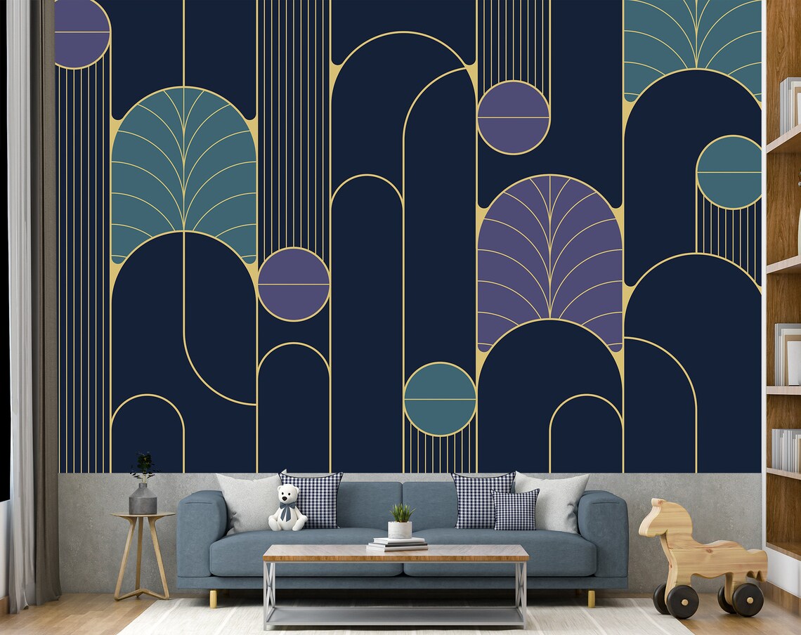 Geometric Wallpaper Art Deco Modern Wall Mural Dark Geometric - Etsy