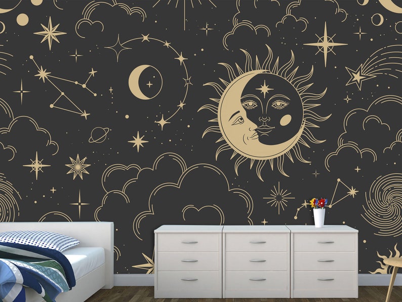 Black & Gold Star Moon Chart Wallpaper Astrology Zodiac Wall - Etsy