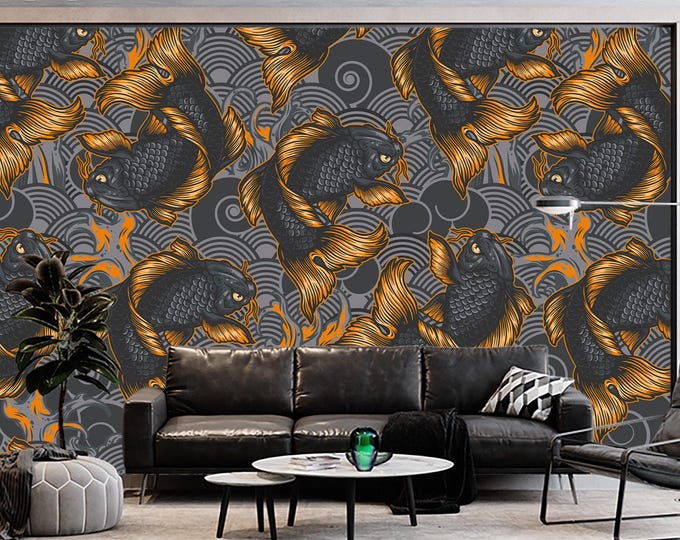 Koi Fish Wallpaper Print Japanese Style Wall Mural Peel and Stick Koi ...