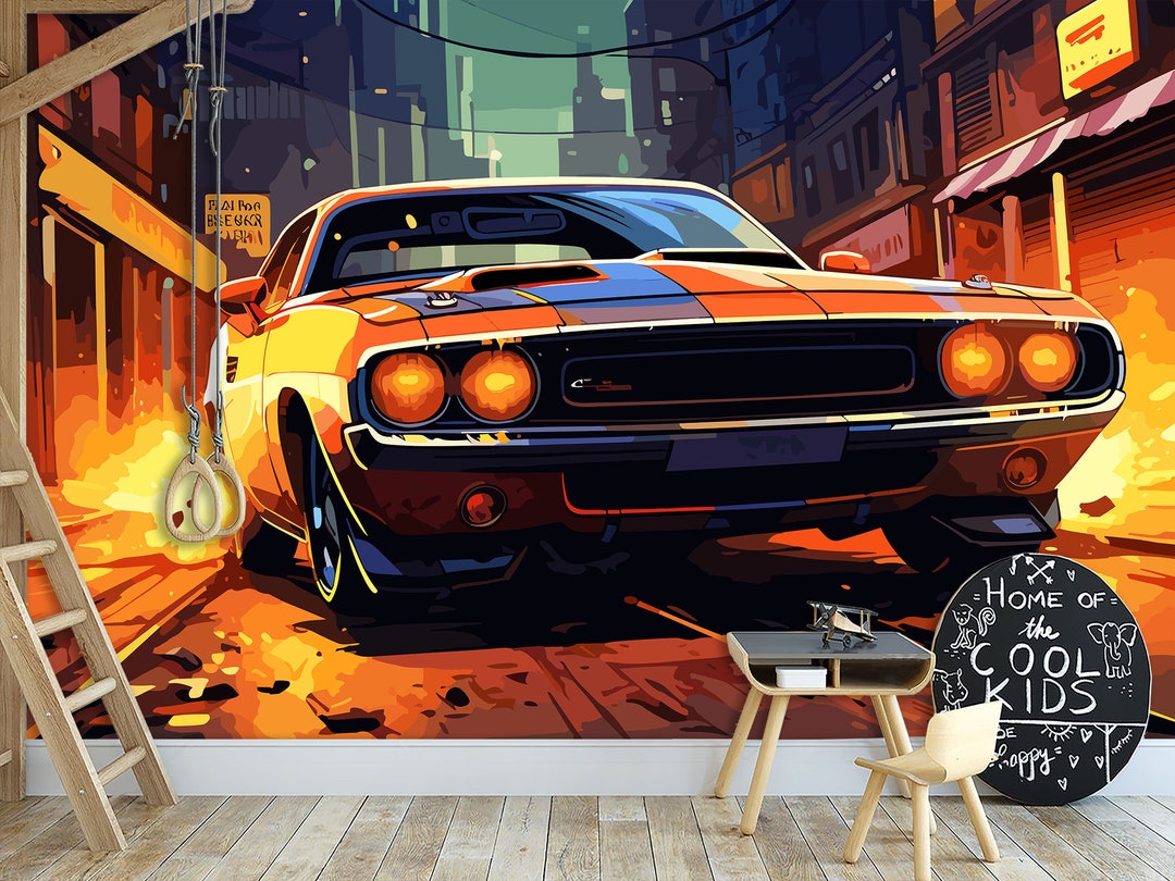 Muscle Cars Decor Games Room Wallpaper & Wall Mural Sport Cars Gaming ...