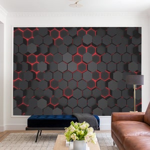 Abstract Geometric Wallpaper Hexagons Hi-tech Red & Dark Color Wall ...