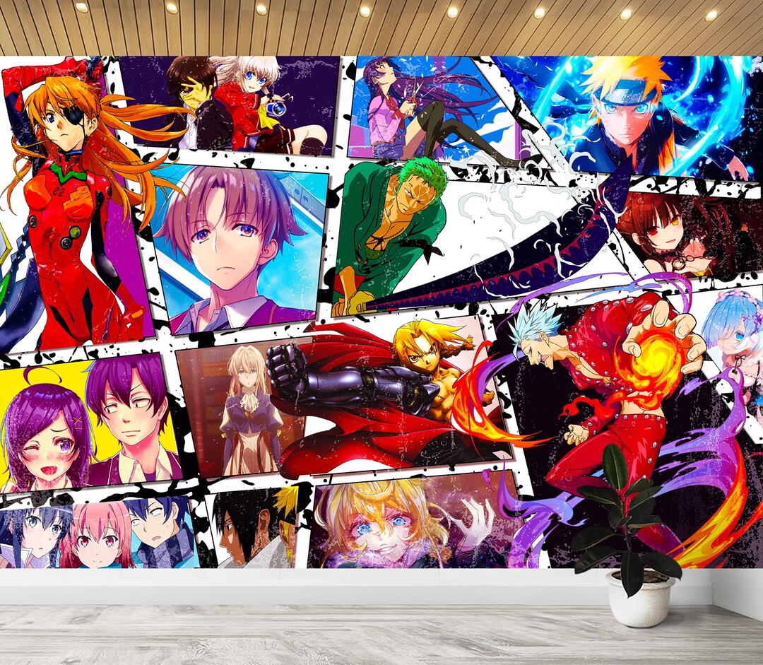 Anime Collage Wall Mural Peel and Stick Colorful Manga Characters Wall ...