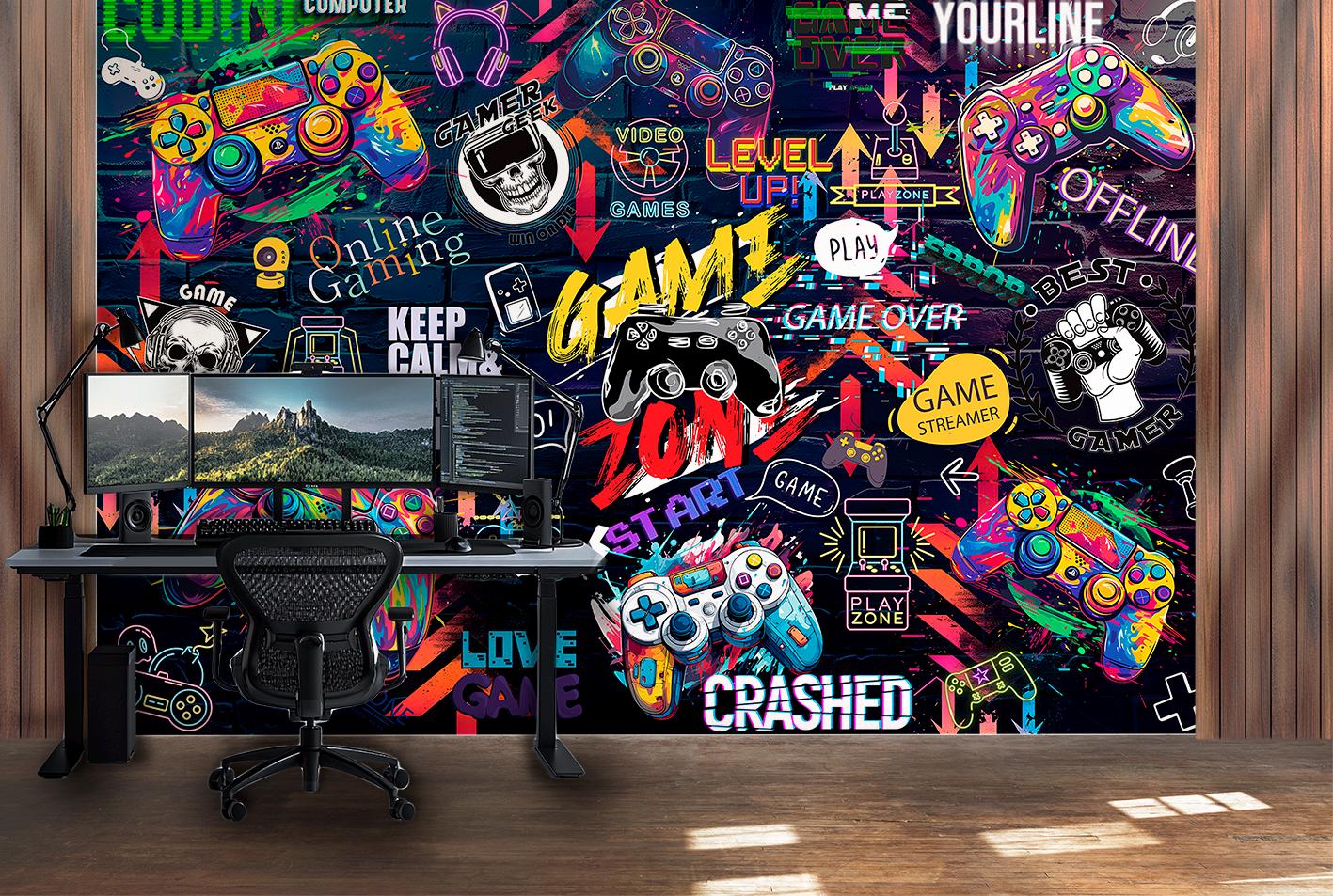 Games Neon Wallpaper Wall Mural Video Gamer Playroom Wallpaper Teen ...