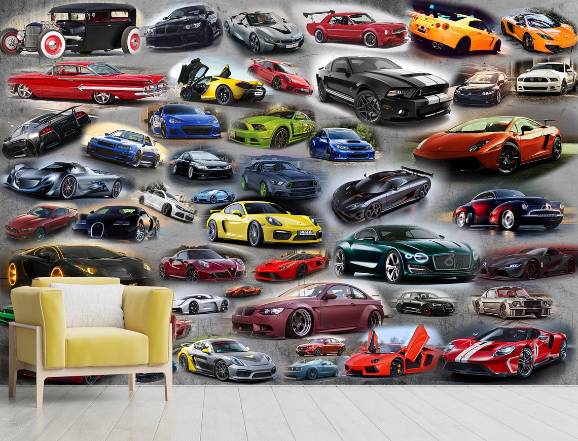 Supercar Collage Mural – Peel and Stick Wallpaper, Man Cave Decor - Etsy