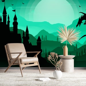 Fantasy Castle & Dragon Wallpaper Wall Mural Print Kids Wizards Magical ...
