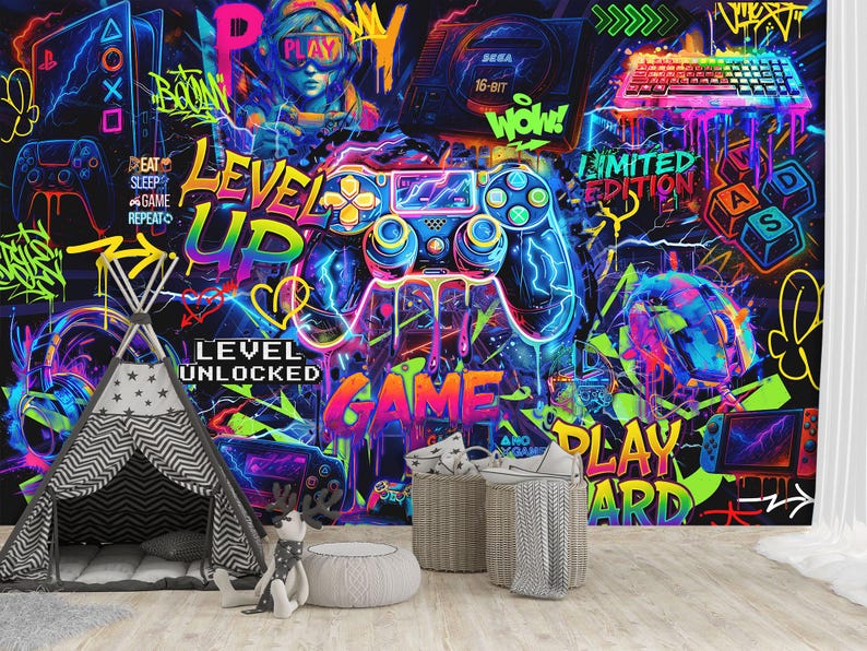 Gamer Wallpaper & Wall Mural for Teenage Neon Kids Wall Mural Gamepad ...