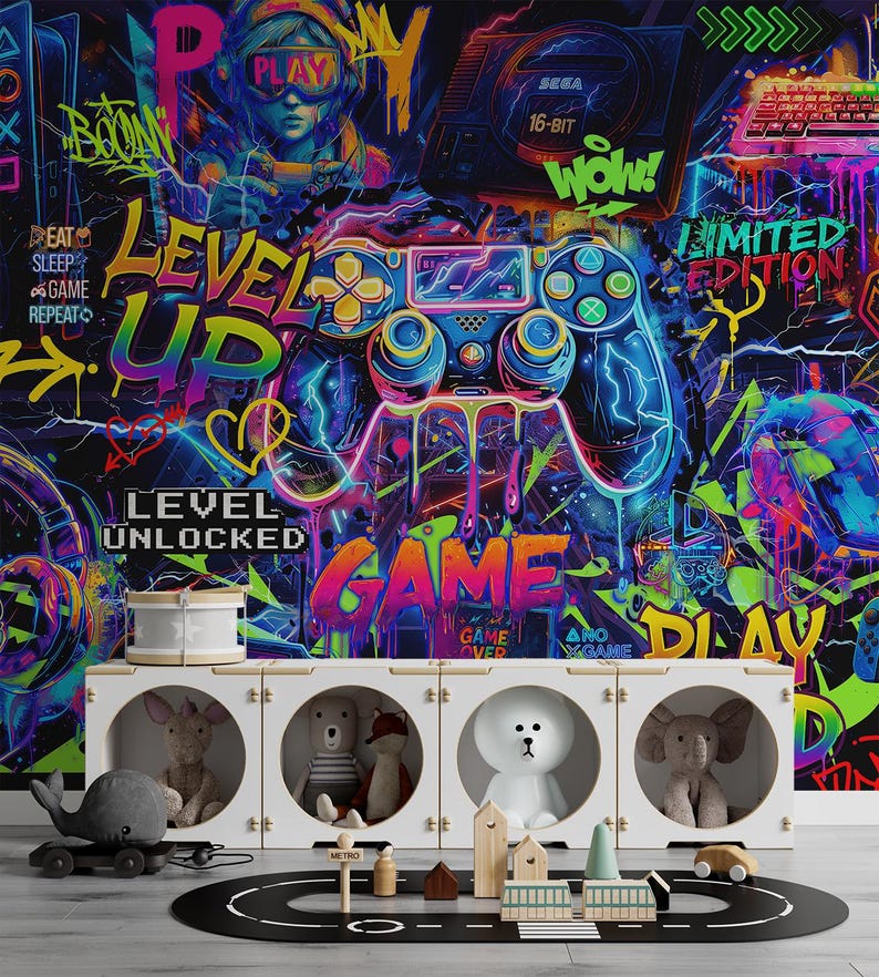 Gamer Wallpaper & Wall Mural for Teenage Neon Kids Wall Mural Gamepad ...