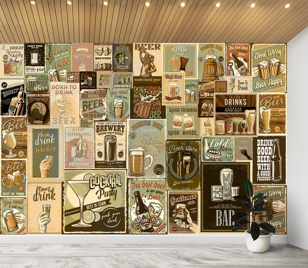 Retro Drinks Poster Wallpaper Vintage Wall Mural & Retro Old Beer ...