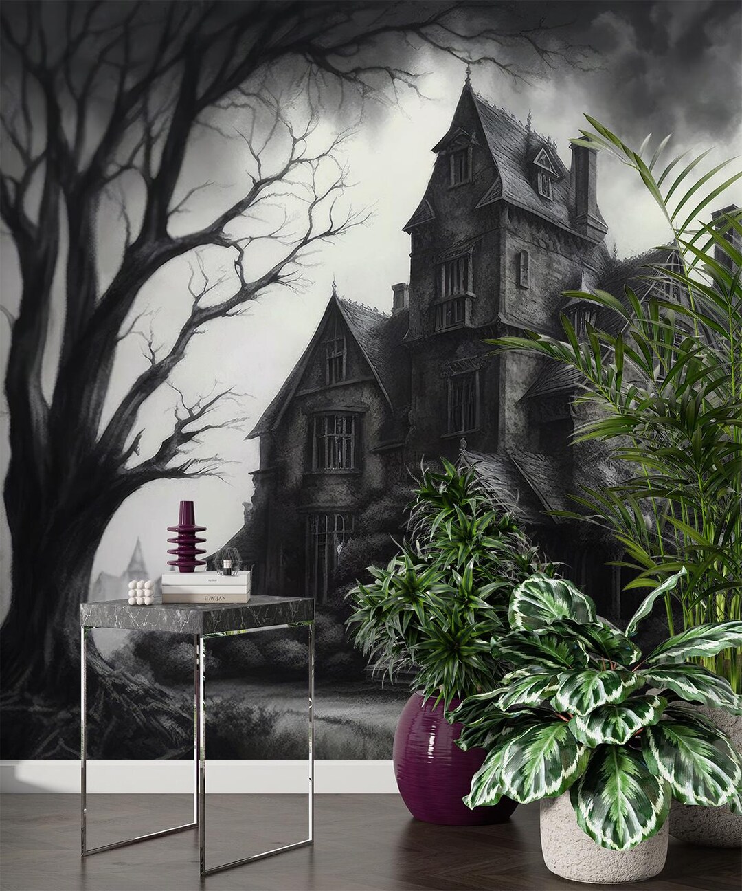 Dark Gothic House Wallpaper Wall Mural Moody Misty Woods Peel and Stick ...