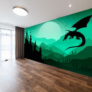 Fantasy Castle & Dragon Wallpaper Wall Mural Print Kids Wizards Magical ...